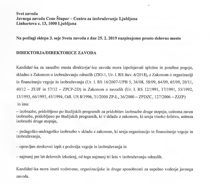 Razpis: Prosto delovno mesto: Direktor/direktorica zavoda